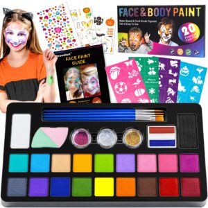 drawdart face painting kit for kids - 20 colors water based non toxic face paint kit, professional face paint for kids with stencils & brushes - parties, birthdays, halloween face body makeup kit