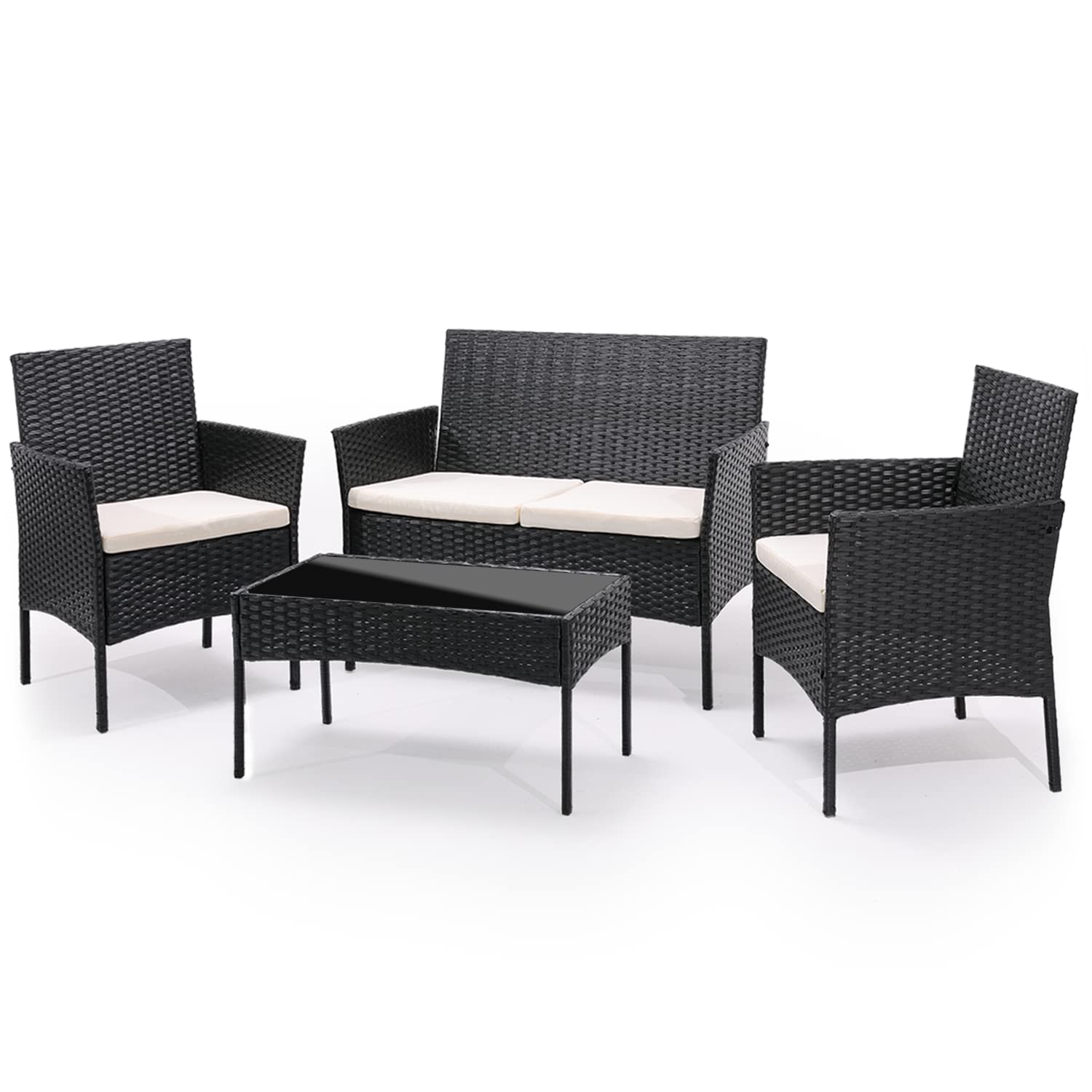 MoNiBloom 4 Pieces Patio Furniture Sets, Non Slip Foot Pads Wicker Rattan Sofa Chair with Soft Cushions and Sturdy Coffee Table for Backyard Porch Garden Poolside Balcony, Capacity 250 lbs, Black