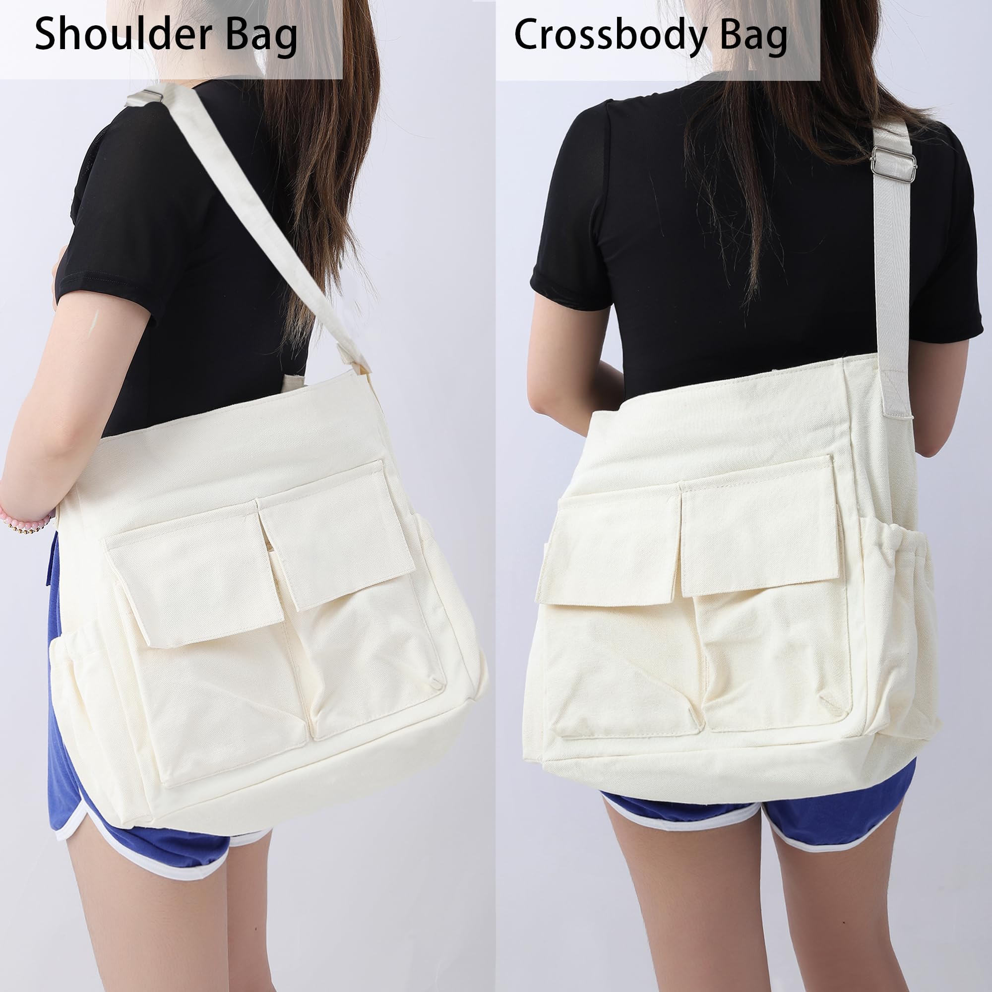 Canvas Messenger Bag Crossbody Shoulder Bag for Men and Women Vintage Tote Laptop Bag Large Hobo Bag with Multiple Pockets (Off-White)