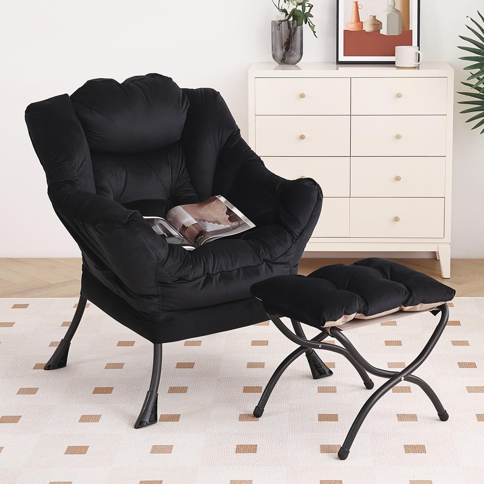 Furlide Lazy Chair with Ottoman, Modern Chair with Folding Footrest, Lounge Accent Chair, Comfortable Reading Chair, Oversized Armchairs for Bedroom, Study, Living Room, Courtyard (Black)