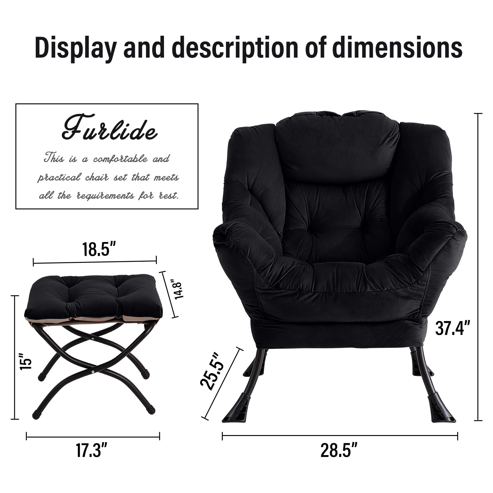 Furlide Lazy Chair with Ottoman, Modern Chair with Folding Footrest, Lounge Accent Chair, Comfortable Reading Chair, Oversized Armchairs for Bedroom, Study, Living Room, Courtyard (Black)