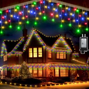 christmas lights outdoor decorations, 82ft 180 drops curtain fairy string lights decor, 8 modes plug in 630led waterproof timer memory function for christmas holiday wedding party (multicolor)