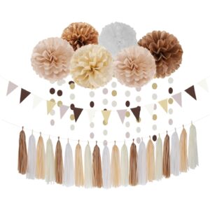 boho baby-shower white-brown champagne party-decorations - 28pcs neutral birthday wedding bridal tissue pom poms streamers, fall autumn christmas tassel garland banner, engagement decor ouruola