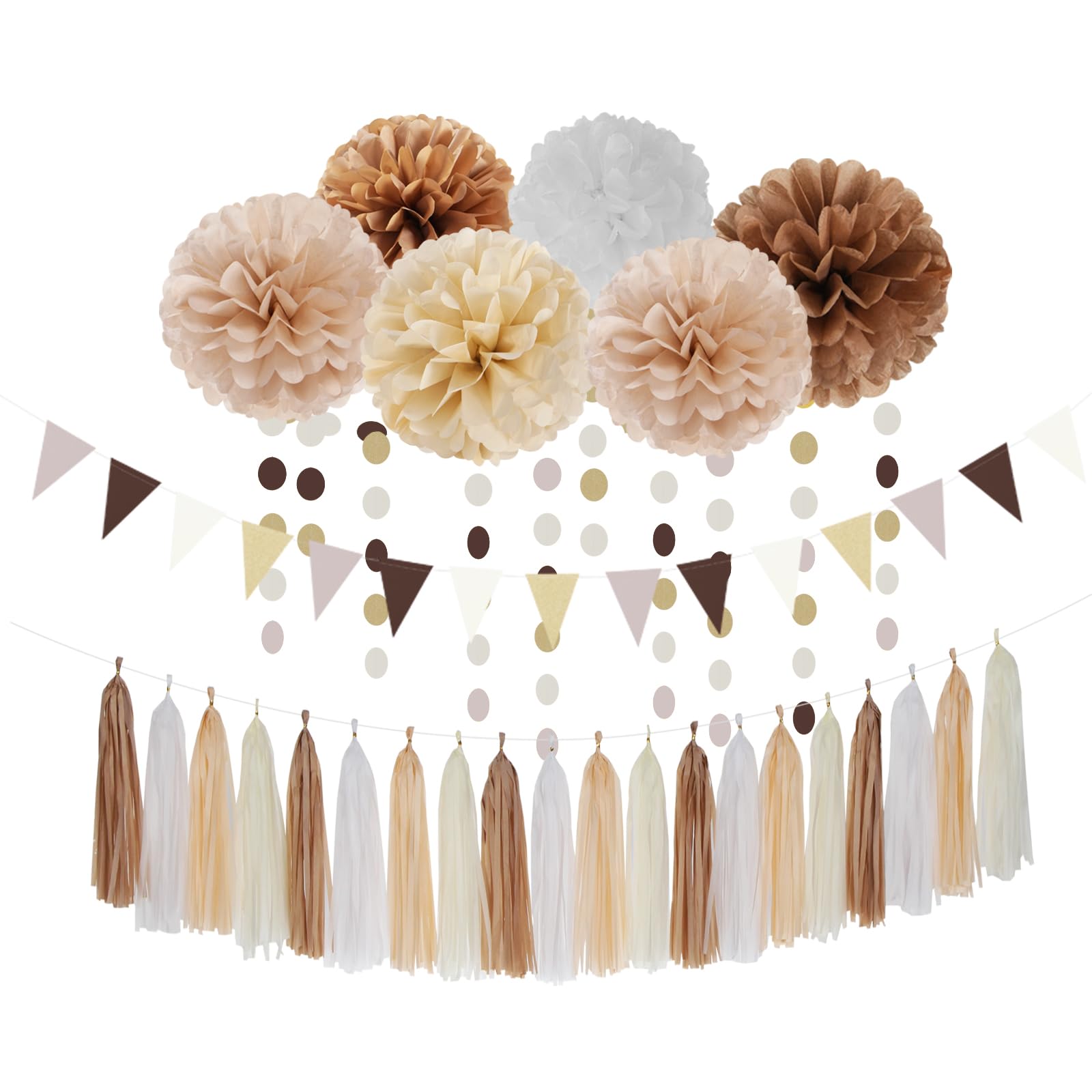 Boho Baby-Shower White-Brown Champagne Party-Decorations - 28pcs Neutral Birthday Wedding Bridal Tissue Pom Poms Streamers, Fall Autumn Christmas Tassel Garland Banner, Engagement Decor Ouruola