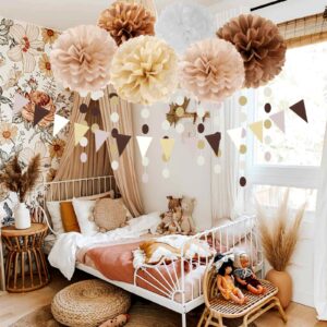 Boho Baby-Shower White-Brown Champagne Party-Decorations - 28pcs Neutral Birthday Wedding Bridal Tissue Pom Poms Streamers, Fall Autumn Christmas Tassel Garland Banner, Engagement Decor Ouruola