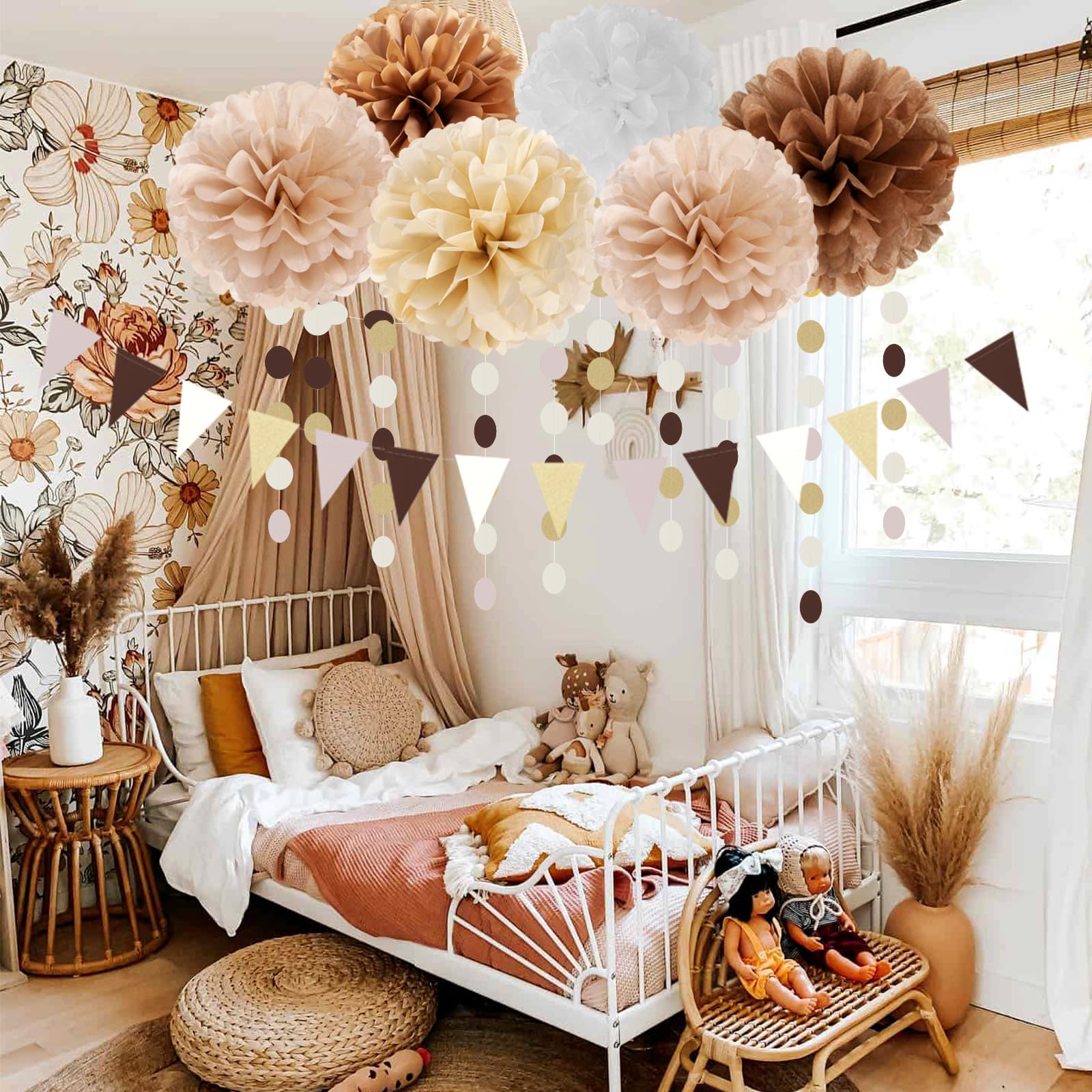 Boho Baby-Shower White-Brown Champagne Party-Decorations - 28pcs Neutral Birthday Wedding Bridal Tissue Pom Poms Streamers, Fall Autumn Christmas Tassel Garland Banner, Engagement Decor Ouruola