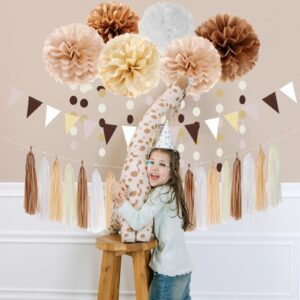 Boho Baby-Shower White-Brown Champagne Party-Decorations - 28pcs Neutral Birthday Wedding Bridal Tissue Pom Poms Streamers, Fall Autumn Christmas Tassel Garland Banner, Engagement Decor Ouruola