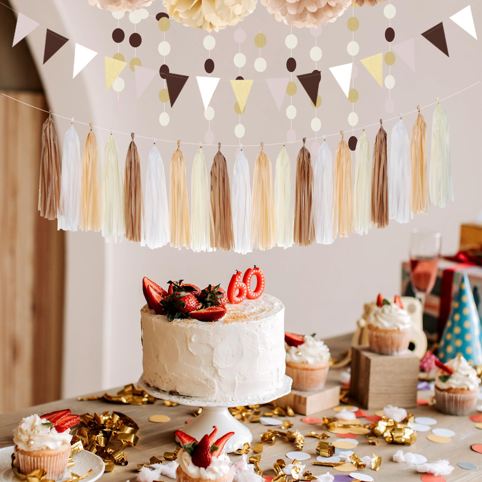 Boho Baby-Shower White-Brown Champagne Party-Decorations - 28pcs Neutral Birthday Wedding Bridal Tissue Pom Poms Streamers, Fall Autumn Christmas Tassel Garland Banner, Engagement Decor Ouruola