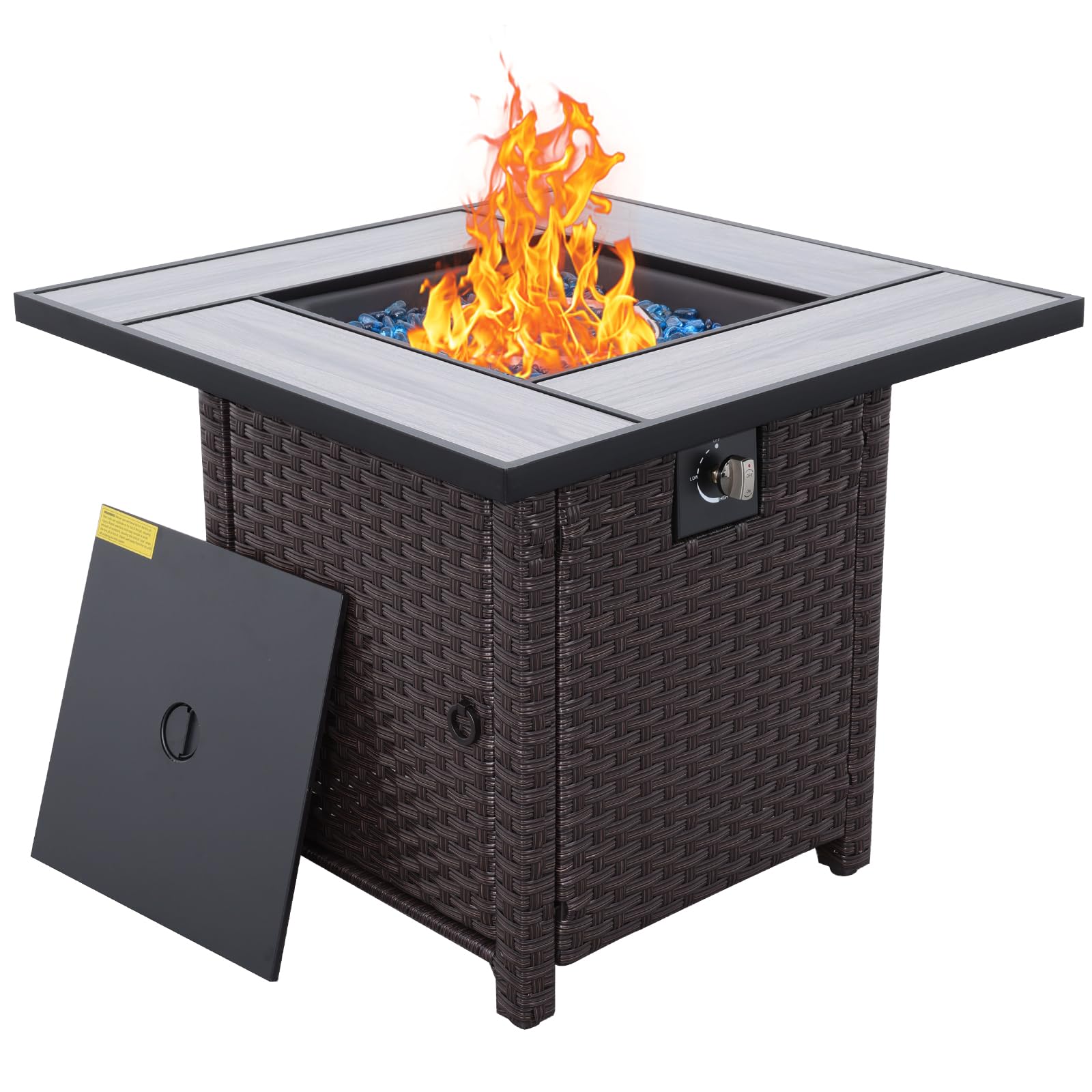 WAROOM Propane Fire Pit, 30 Inch Outdoor PE Wicker Gas Fire Pit Table with Fire Glass, and Waterproof Cover, for Parties and Gatherings on Patio Garden Backyard Porch