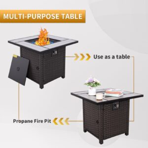 WAROOM Propane Fire Pit, 30 Inch Outdoor PE Wicker Gas Fire Pit Table with Fire Glass, and Waterproof Cover, for Parties and Gatherings on Patio Garden Backyard Porch