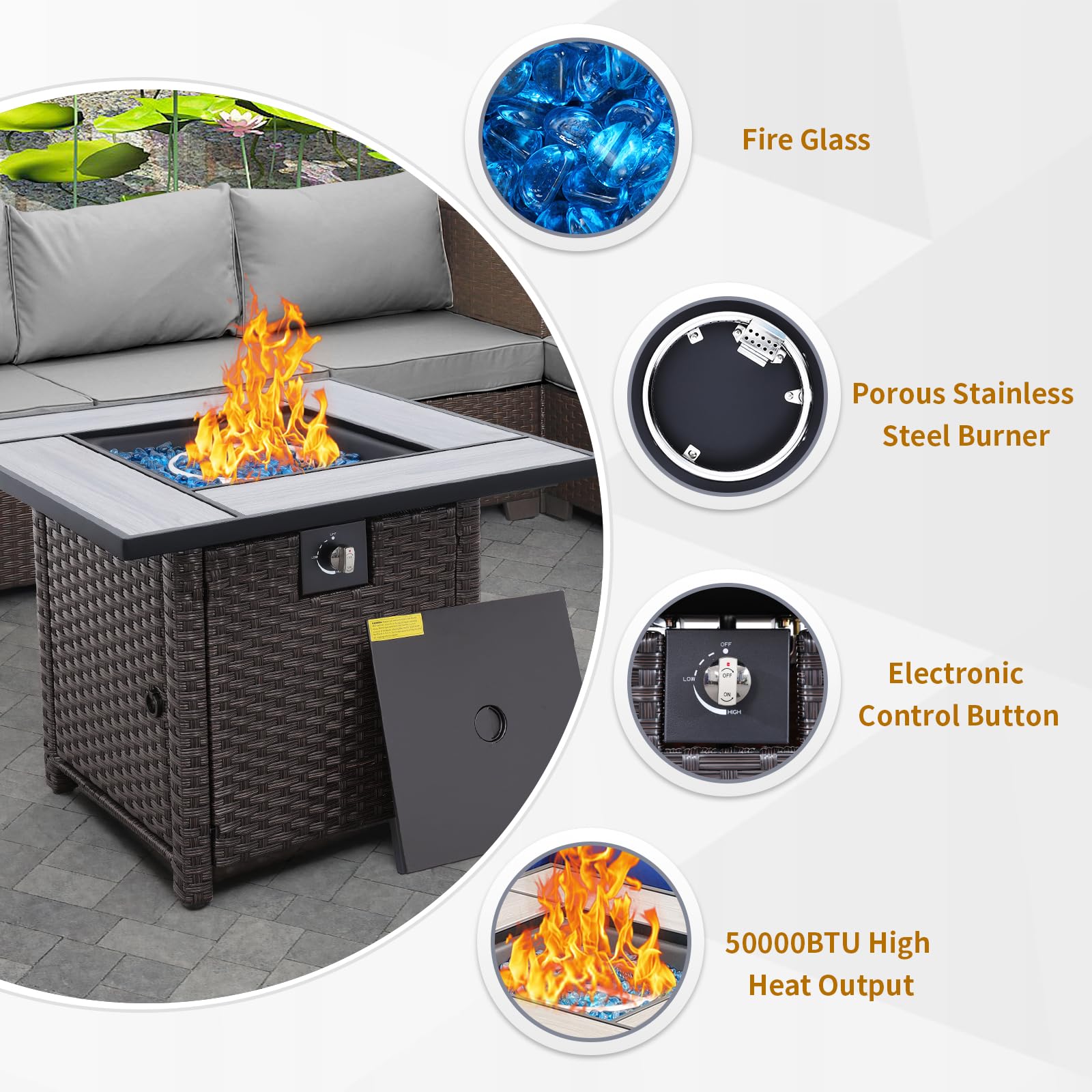 WAROOM Propane Fire Pit, 30 Inch Outdoor PE Wicker Gas Fire Pit Table with Fire Glass, and Waterproof Cover, for Parties and Gatherings on Patio Garden Backyard Porch