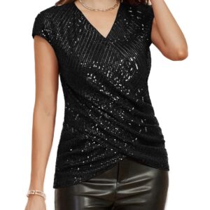 Womens Sequin Sparkle Top Shimmer Glitter Club Party Cap Sleeve Wrap V-Neck Twist Front Tops Plus Size Black XL