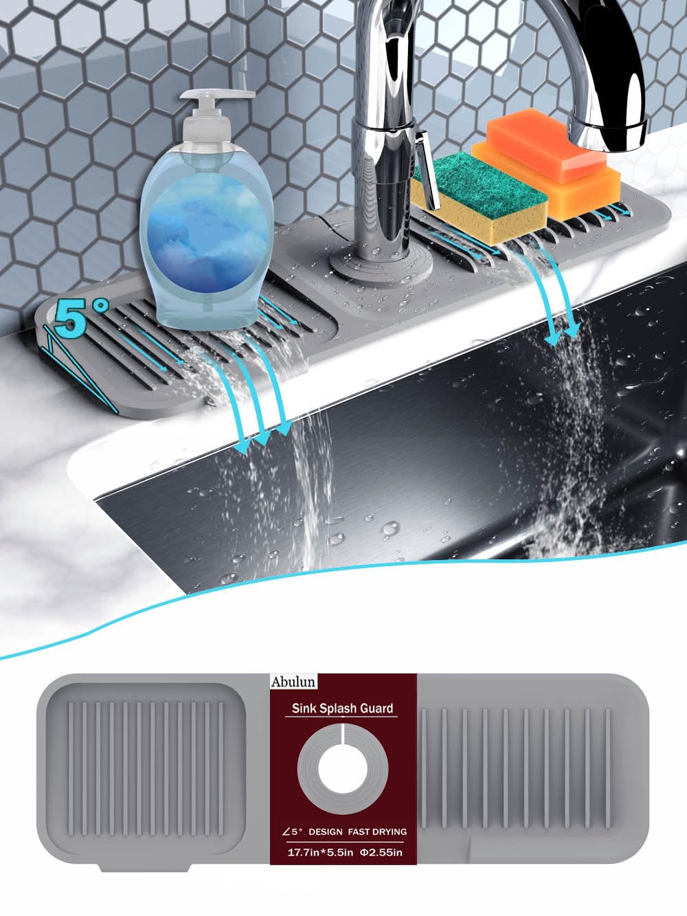 5°slope kitchen sink splash guard behind faucet-gray silicone faucet handle drip catcher tray-18inch mat for sink accessories with soap dispenser hole-water clear gadgets also bathroom organizer