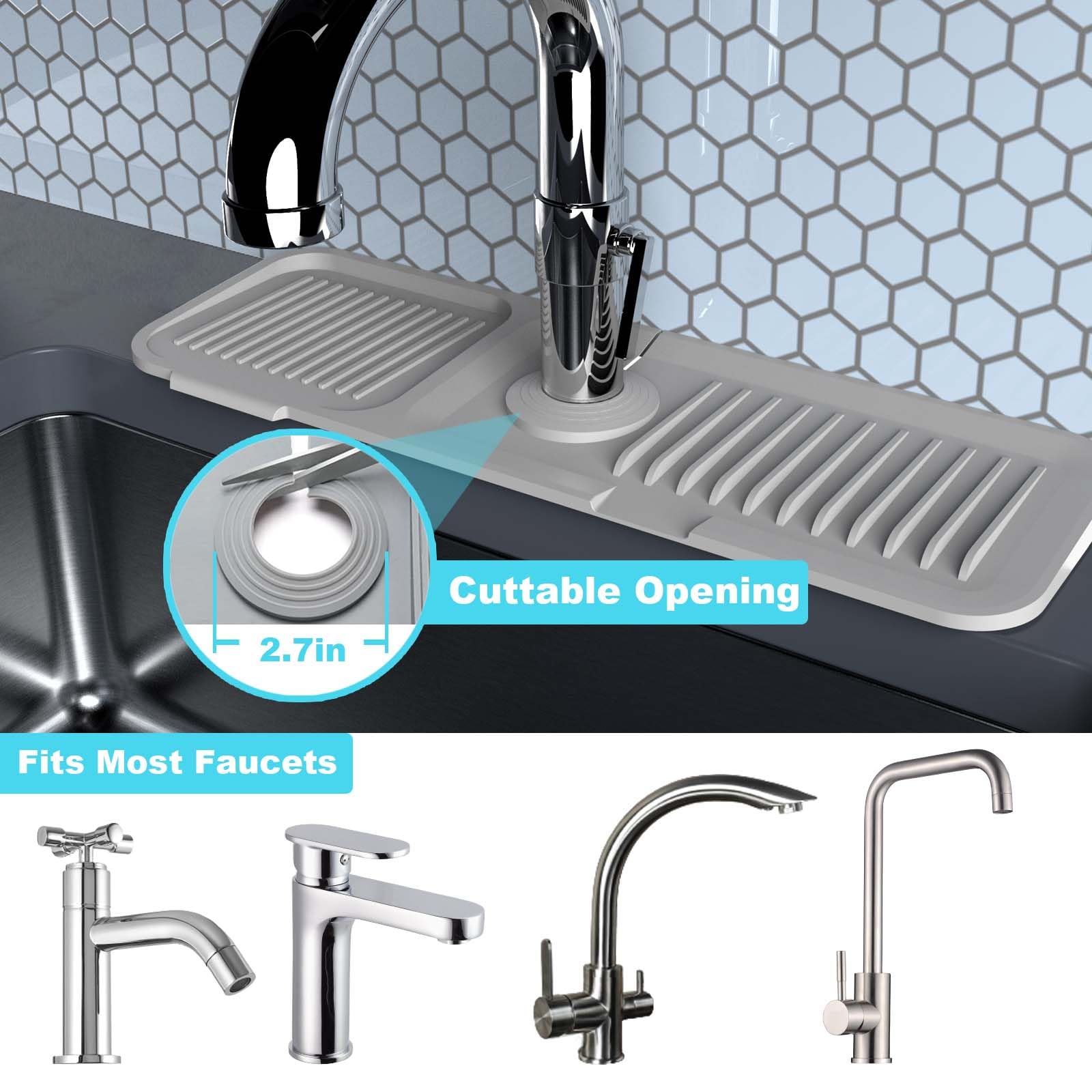 5°slope kitchen sink splash guard behind faucet-gray silicone faucet handle drip catcher tray-18inch mat for sink accessories with soap dispenser hole-water clear gadgets also bathroom organizer