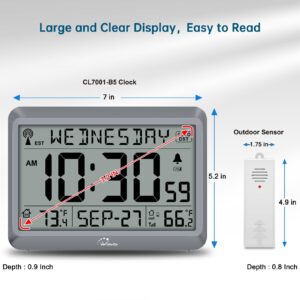 WallarGe Atomic Clock with Indoor Outdoor Temperature, Self-Setting Digital Wall Clock Battery Operated, 4 Time Zones, DST