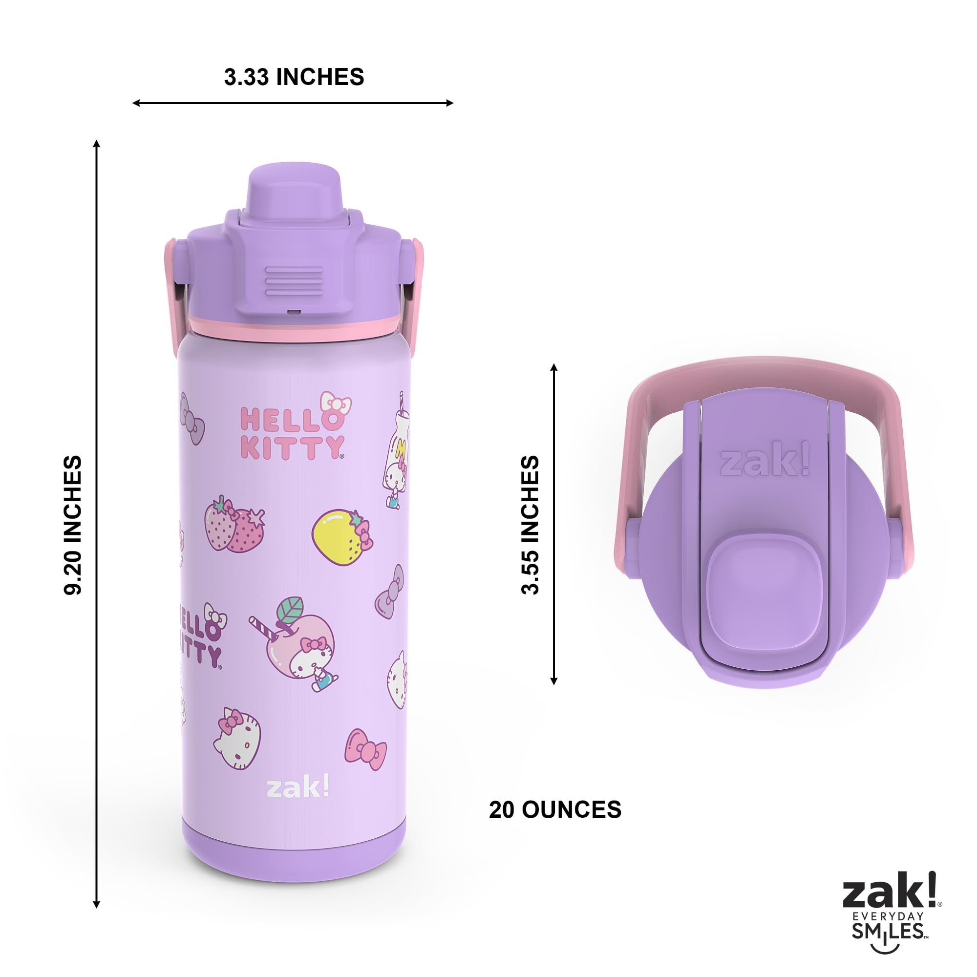 zak! Beacon Insulated Bottle, Hello Kitty - 20 oz - Durable Stainless Steel - Double-Wall Vacuum Insulation, Silicone Spout & Push-Button, Leak-Proof Lid - Dishwasher Safe