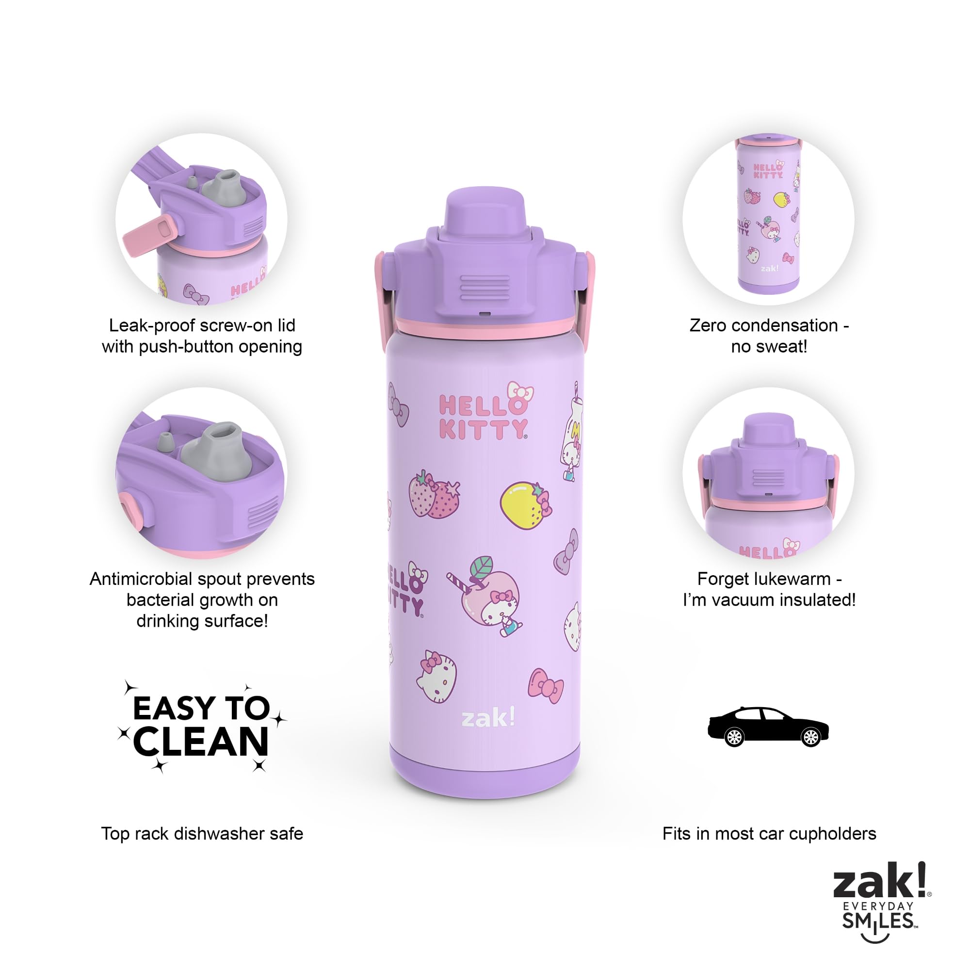 zak! Beacon Insulated Bottle, Hello Kitty - 20 oz - Durable Stainless Steel - Double-Wall Vacuum Insulation, Silicone Spout & Push-Button, Leak-Proof Lid - Dishwasher Safe