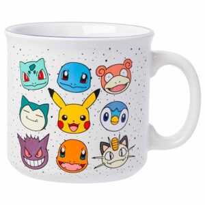 silver buffalo pokemon bulbasaur, squirtle, slowpoke, snorlax, pikachu, piplup, haunter, charmander, and meowth camper mug, 20 ounces