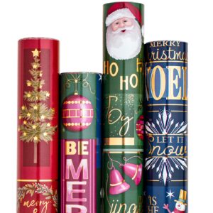 ruspepa christmas wrapping paper - santa claus, snowman, christmas tree and bell design - 4 rolls - 30 inches x 10 feet per roll