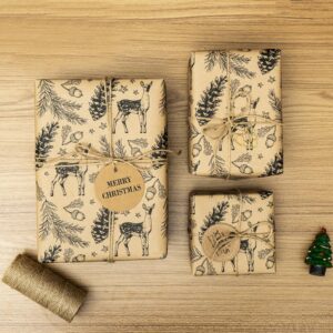 RUSPEPA Kraft Christmas Wrapping Paper Roll - Mini Roll - Black Reindeer Design for Holiday Gift Wrap - 17 Inches X 32.8 Feet