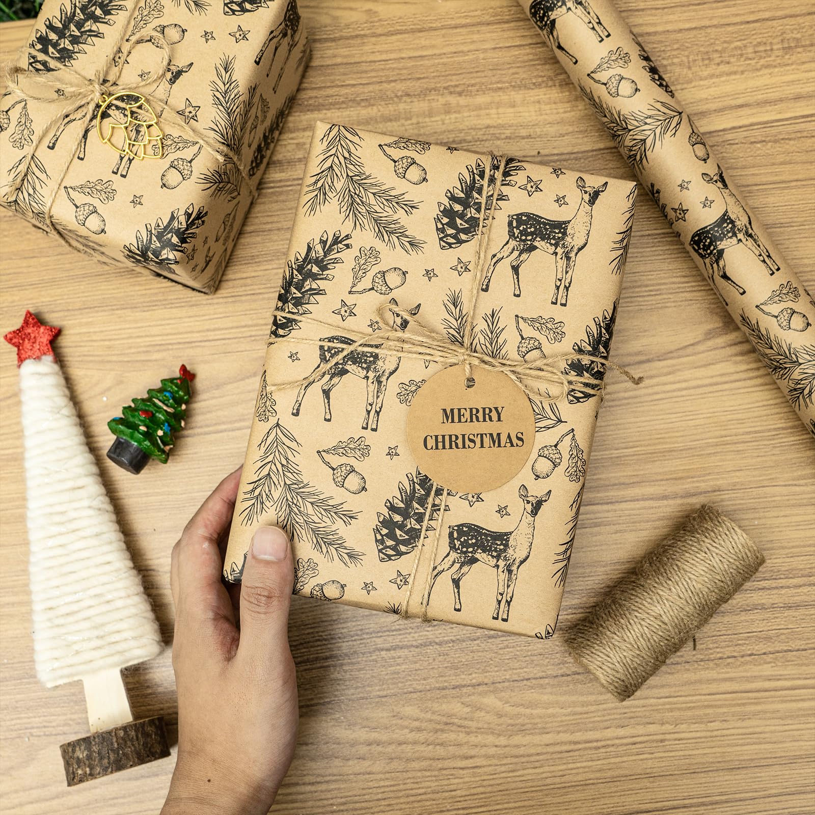 RUSPEPA Kraft Christmas Wrapping Paper Roll - Mini Roll - Black Reindeer Design for Holiday Gift Wrap - 17 Inches X 32.8 Feet