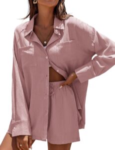 ekouaer women's v neck lounge sets button down shirt and shorts 2 piece outfits loungewear pajama with pockets dusty rose