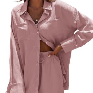 Ekouaer Women's V Neck Lounge Sets Button Down Shirt and Shorts 2 Piece Outfits Loungewear Pajama with Pockets Dusty Rose