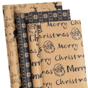 RUSPEPA Christmas Wrapping Paper Rolls - Mini Roll - 17 inches x 10 feet per Roll, Total of 3 Rolls - Reindeer and Snowflake