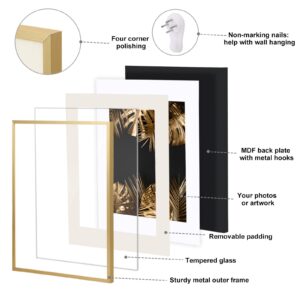 Fixwal 11x14 Aluminum Picture Frame with Mat for 8x10 Photo, Metal Gold Frame Tempered Glass for Wedding Wall Display