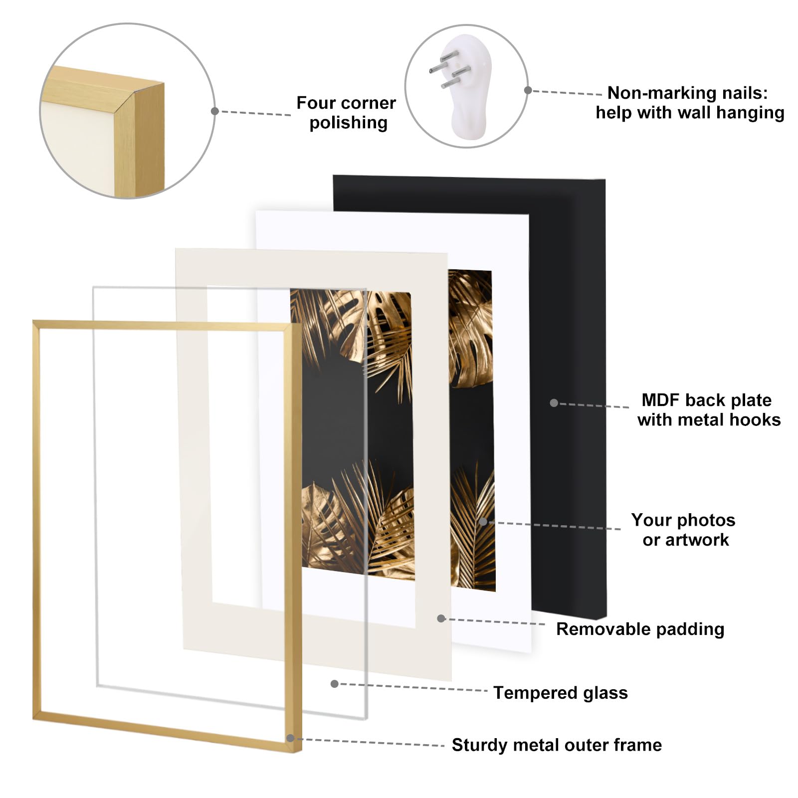 Fixwal 11x14 Aluminum Picture Frame with Mat for 8x10 Photo, Metal Gold Frame Tempered Glass for Wedding Wall Display