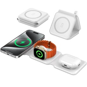 foldable wireless charger, 3 in 1 wireless charging station for iphone 15/14/13/12/11 pro max/x/xs, fast magnetic travel wireless charging pad for airpods 3/2/pro apple watch