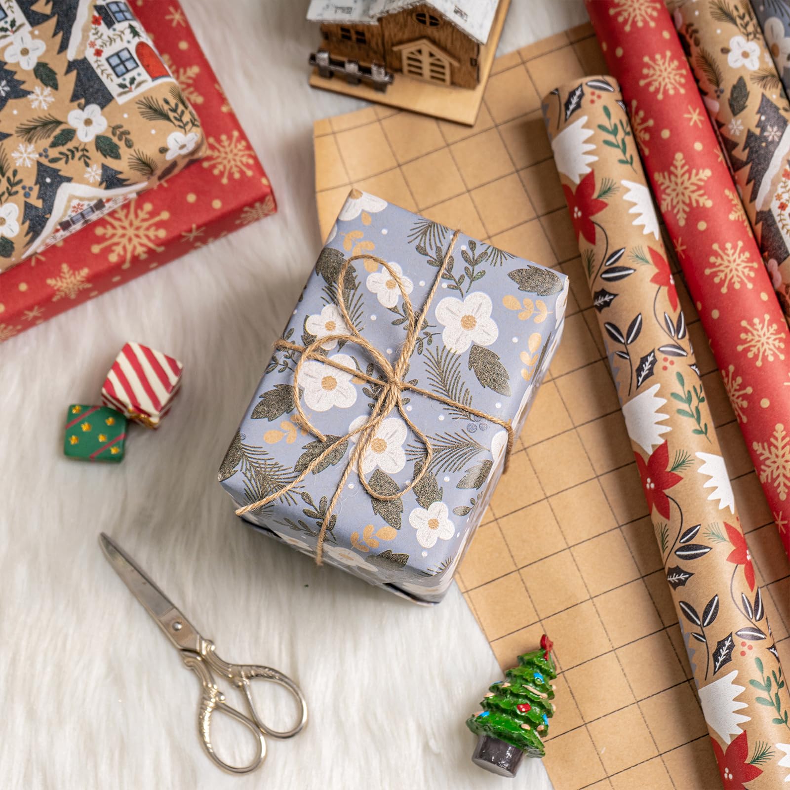 RUSPEPA Christmas Wrapping Paper, Kraft Paper - Dove, Snowflake, Flower, and House - 4 Rolls - 30 inches x 10 feet per Roll