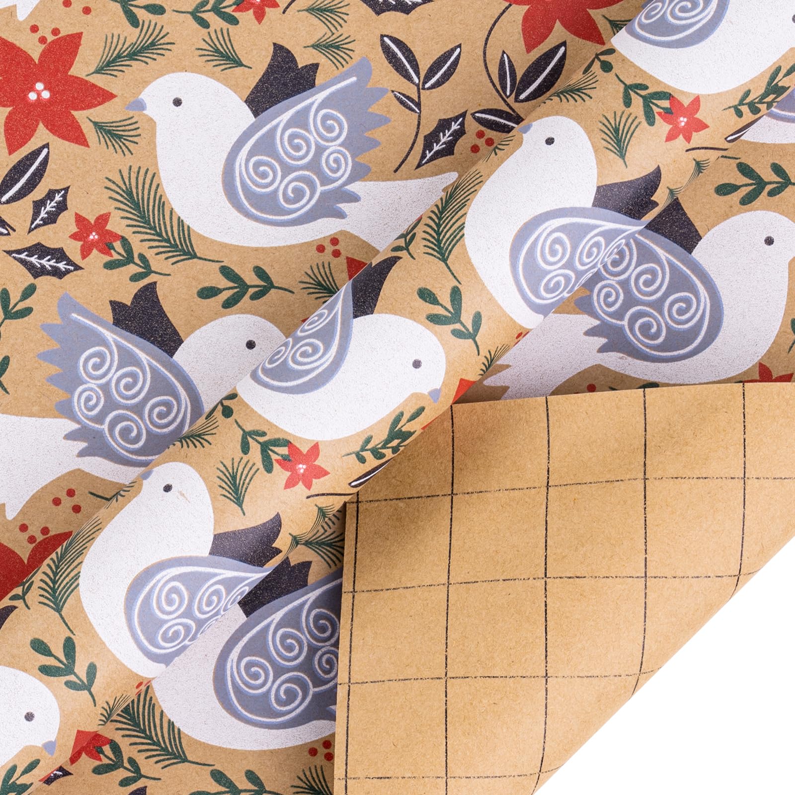 RUSPEPA Christmas Wrapping Paper, Kraft Paper - Dove, Snowflake, Flower, and House - 4 Rolls - 30 inches x 10 feet per Roll