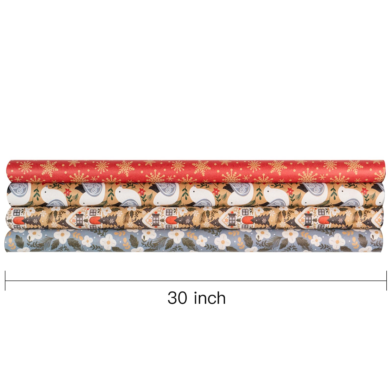 RUSPEPA Christmas Wrapping Paper, Kraft Paper - Dove, Snowflake, Flower, and House - 4 Rolls - 30 inches x 10 feet per Roll