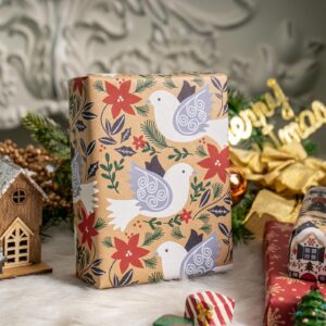 RUSPEPA Christmas Wrapping Paper, Kraft Paper - Dove, Snowflake, Flower, and House - 4 Rolls - 30 inches x 10 feet per Roll