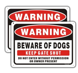 beware of dog signs for fence,yuntarda 2-pack 10"x7"do not enter sign keep gate shut rust free reflective metal sign for outdoor use