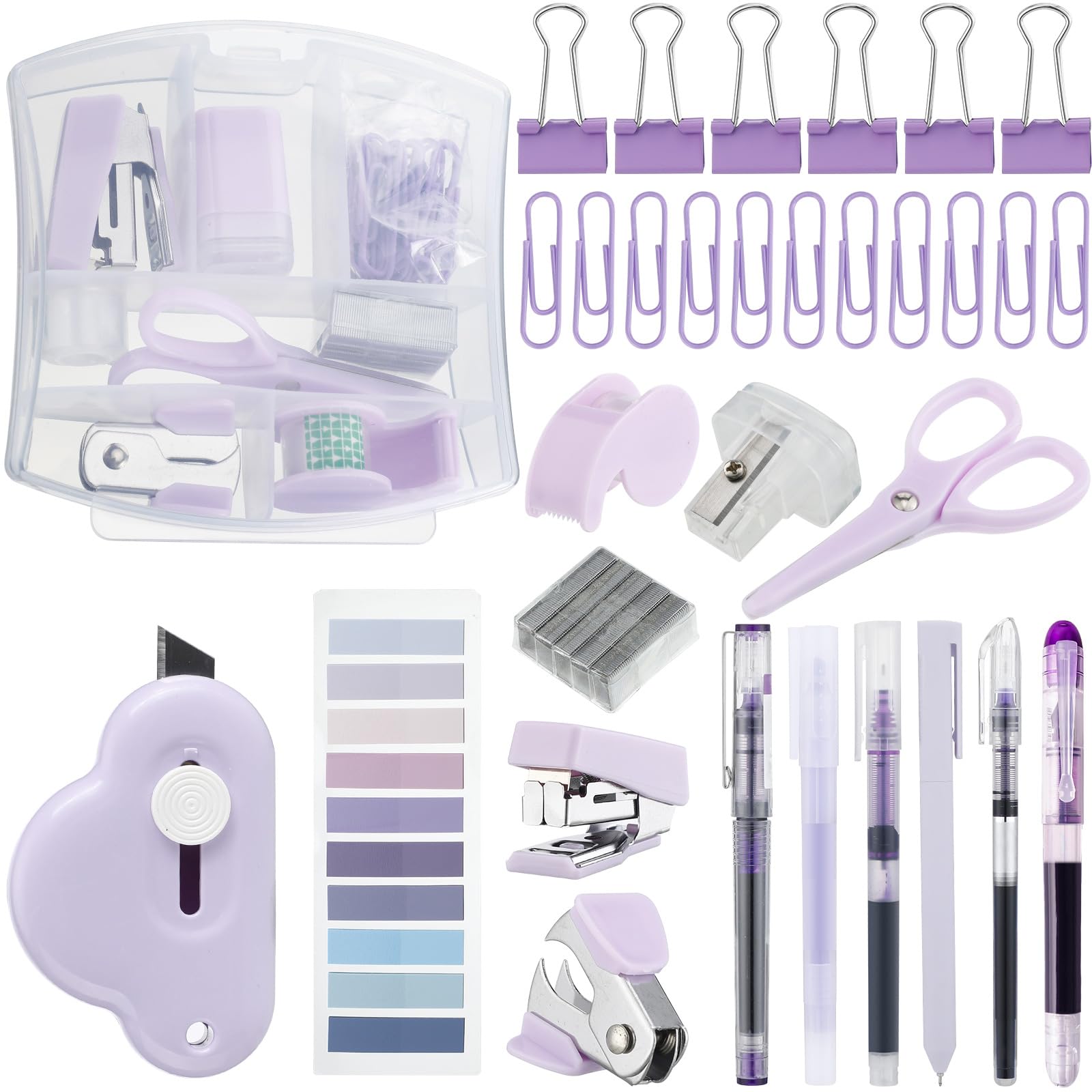 Colarr Mini Office Supply Kit Includes Stapler Tape Dispenser Staple Remover Paper Clips Scissor Staples Pen Sharpener Note Small Telescopic Knife for Office and School Clerk Student (Purple)