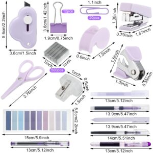 Colarr Mini Office Supply Kit Includes Stapler Tape Dispenser Staple Remover Paper Clips Scissor Staples Pen Sharpener Note Small Telescopic Knife for Office and School Clerk Student (Purple)