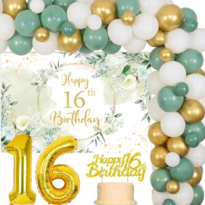 sage green sweet 16 birthday decorations - sage green and gold balloon garland arch kit with happy 16th birthday backdrop, cake topper, foil balloon, sweet 16 birthday decorations for girls