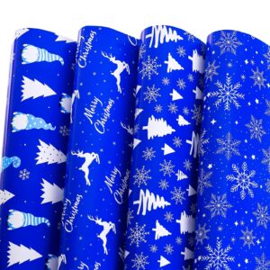 lezakaa christmas gift wrapping paper - 12 folded sheet with 4 different christmas design in blue (snowflake, tree, reindeer, gnome) - 27.5 x 19.6 inches per sheet