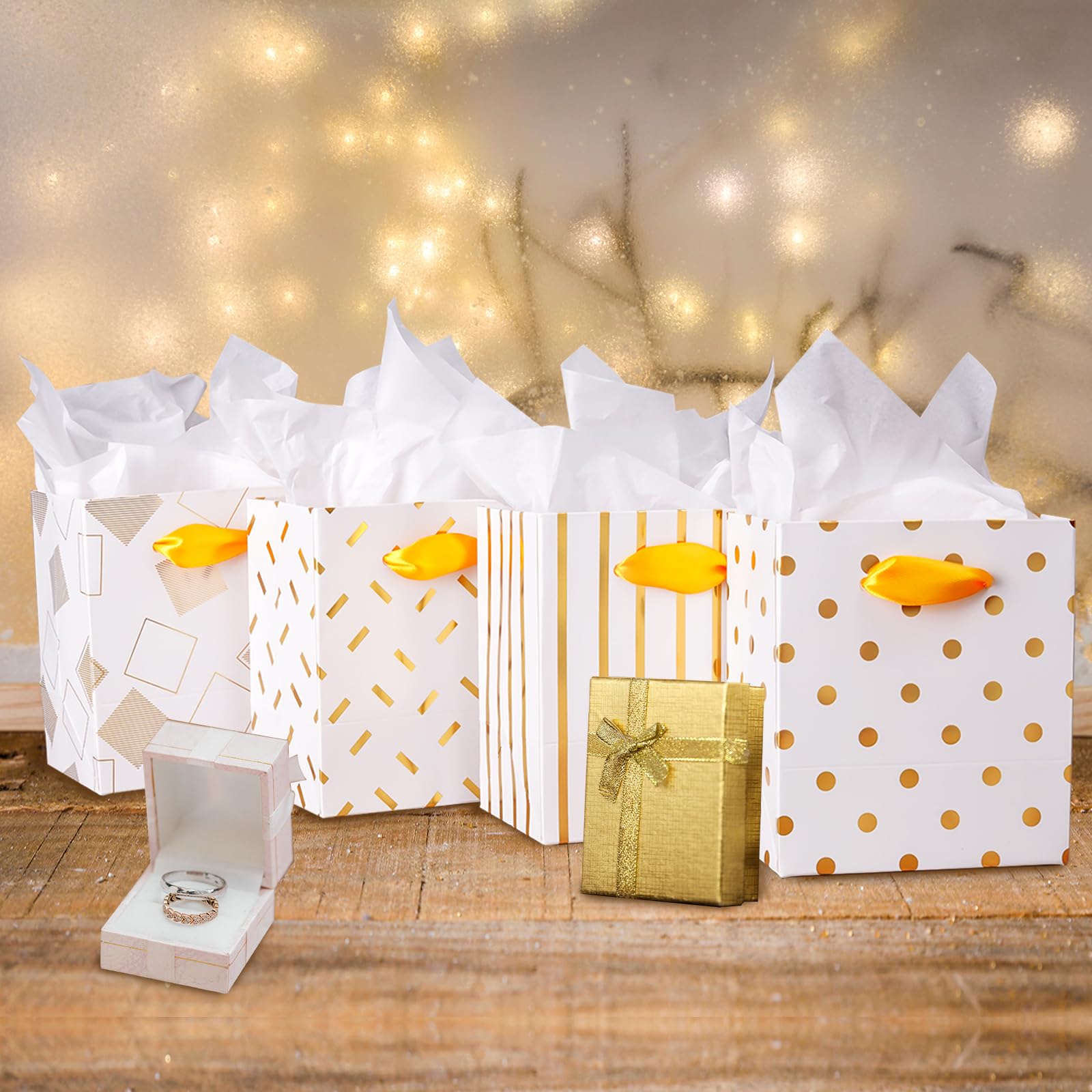 Plauthus 16 Pack Mini Gift Bags with Handles & Tissue Paper, Cute Assorted Pattern Small Gift Bags for Christmas, Holiday, Wedding, Baby Shower, Birthday Party (Gold & White-4.5” x4” x2.75”)