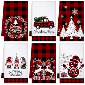 sratte 6 pcs christmas kitchen towels buffalo check plaid dish towels winter truck hand towels farmhouse tea towels housewarming gifts christmas decoration for kitchen holiday xmas (red, black)