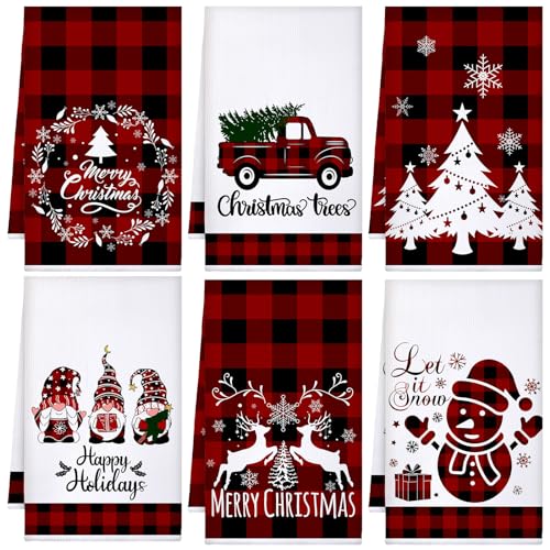 Sratte 6 Pcs Christmas Kitchen Towels Buffalo Check Plaid Dish Towels Winter Truck Hand Towels Farmhouse Tea Towels Housewarming Gifts Christmas Decoration for Kitchen Holiday Xmas (Red, Black)