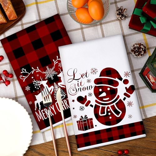 Sratte 6 Pcs Christmas Kitchen Towels Buffalo Check Plaid Dish Towels Winter Truck Hand Towels Farmhouse Tea Towels Housewarming Gifts Christmas Decoration for Kitchen Holiday Xmas (Red, Black)