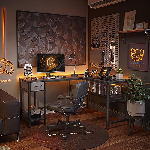 CubiCubi L Shaped Gaming Desk with Power Outlets and USB Charging Ports, 58" Reversible Corner Computer Desk with Storage Shelves and Drawer, Home Office Desk with Bookshlf, Black