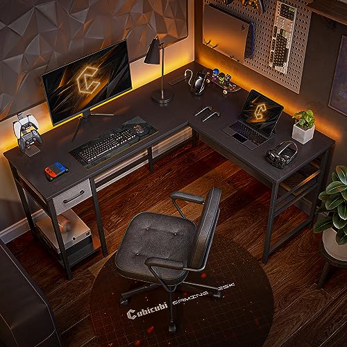 CubiCubi L Shaped Gaming Desk with Power Outlets and USB Charging Ports, 58" Reversible Corner Computer Desk with Storage Shelves and Drawer, Home Office Desk with Bookshlf, Black