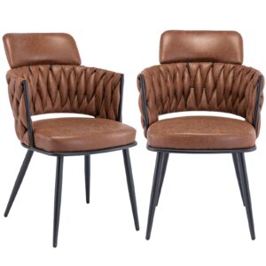 bfz dining chairs set of 2, mid-century modern dining chair, retro faux leather kitchen dining room chairs, hand weaving upholstered dining chairs with metal legs for dining room, kitchen, living room