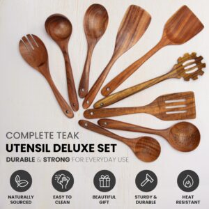 Zulay Kitchen 9-Piece Teak Wooden Utensils for Cooking - Smooth Finish Natural Teak Utensil Set - Non-Stick Wooden Spoons for Cooking - Kitchen Gift Set - Comfortable Grip Wooden Utensil Set