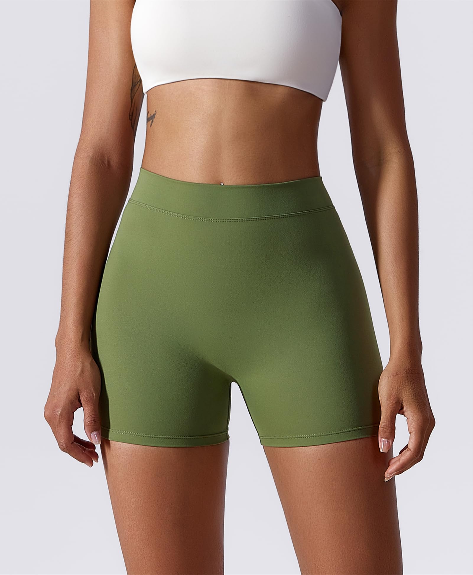 ABOCIW Biker Shorts for Women Buttery Soft V Back Scrunch Butt Workout Shorts High Waist Booty Yoga Shorts Tummy Control Running Athletic Gym Shorts Army Green Medium