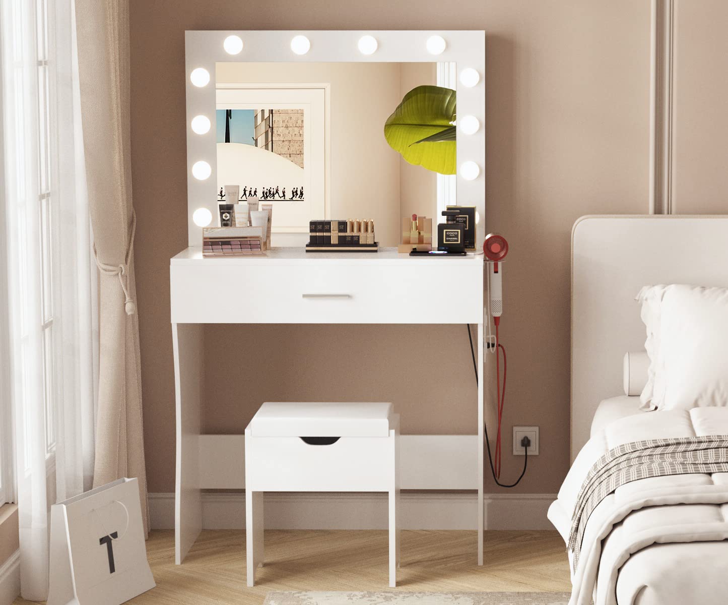 Titoni Vanity Table Set with Lighted Mirror - Makeup Vanity with Charging Station, Large Drawer Sturdy Wood Vanity with Lights, 3 Color Modes, Adjustable Brightness, White